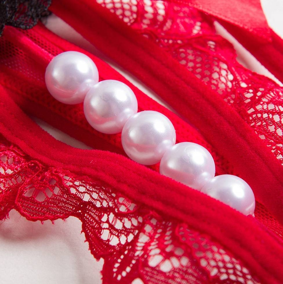 Koronkowe stringi z perełkami czarno-czerwony | Bielizna \ Majtki \ Stringi | Luvu